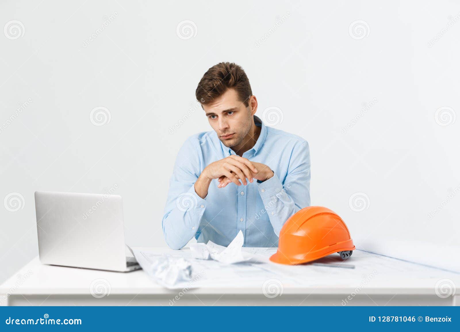 Young Attractive Engineer Man Feeling Tired at Work Place Stock Photo ...