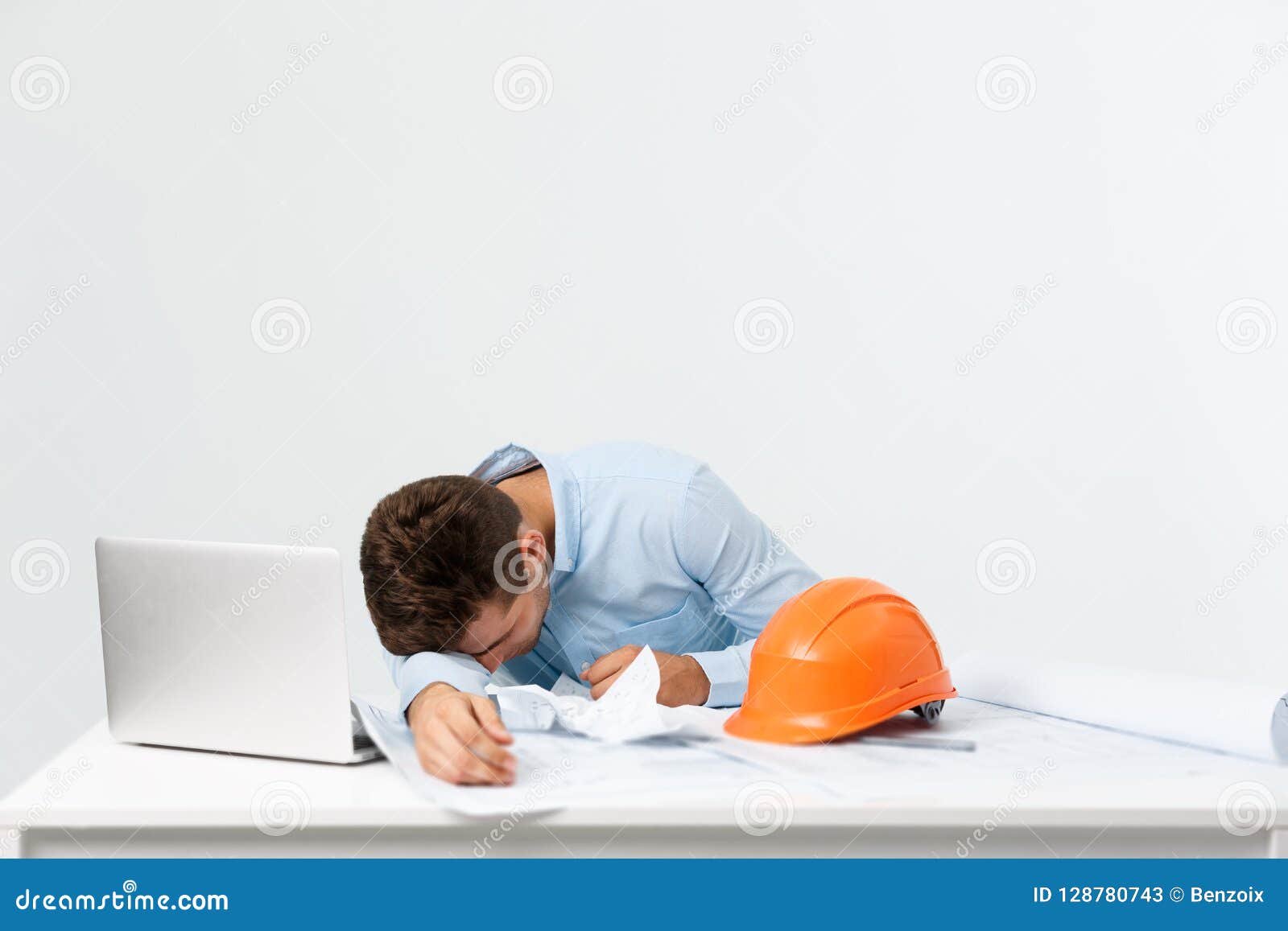 Young Attractive Engineer Man Feeling Tired at Work Place Stock Image ...