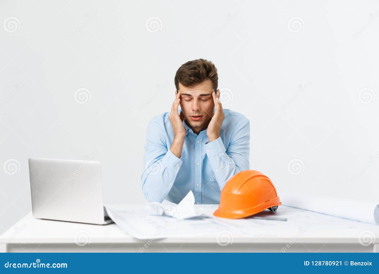 Young Attractive Engineer Man Feeling Tired at Work Place Stock Image ...