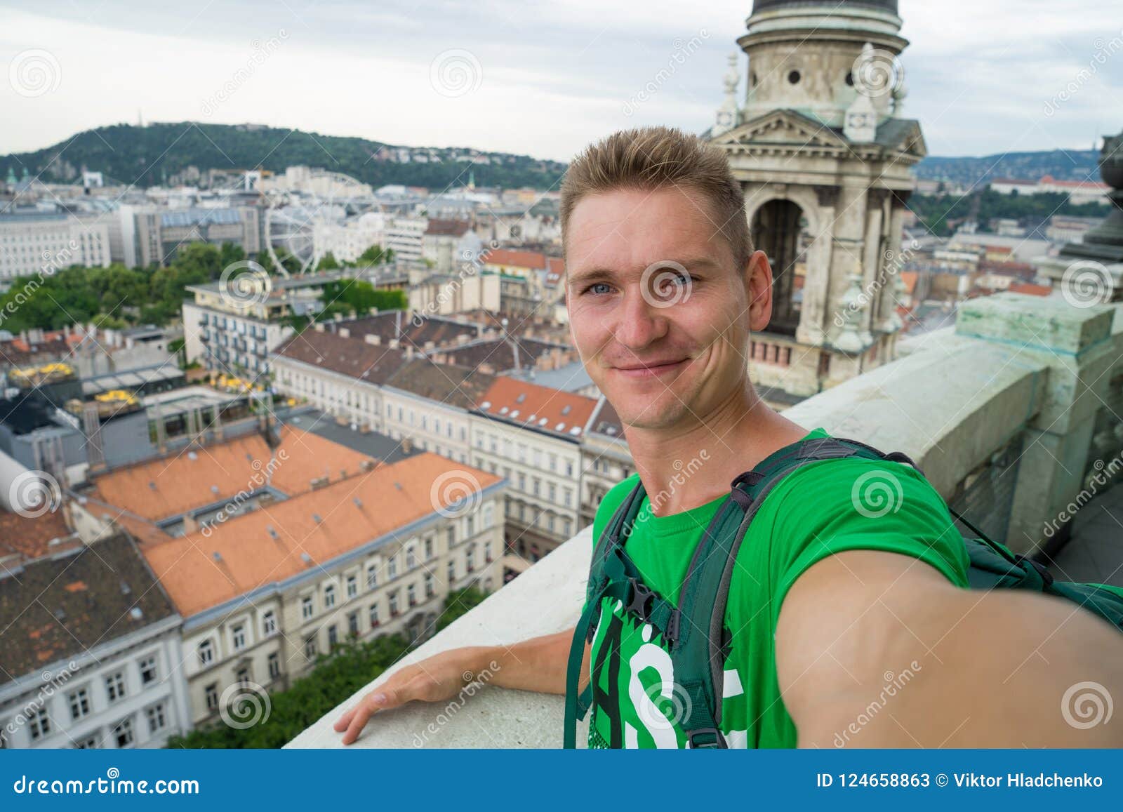 Young Attractive Guy with Blue Eyes Taking Selfie on the Top View Point ...