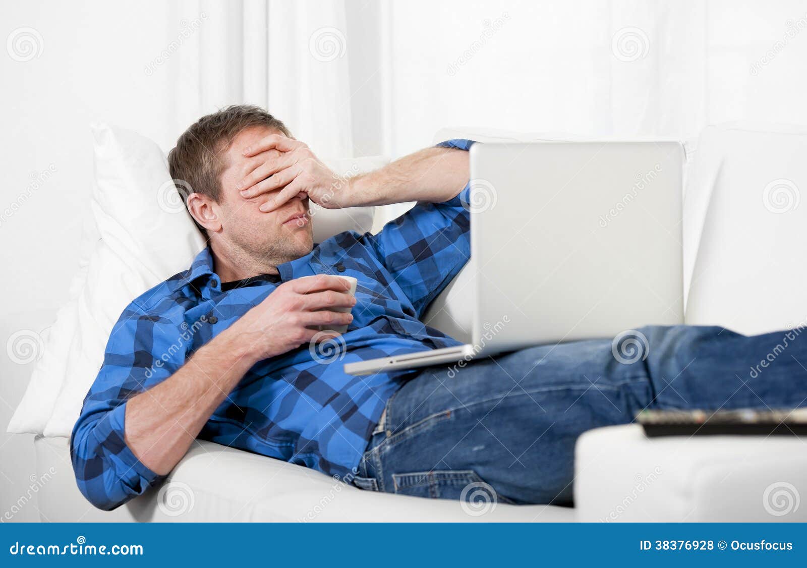 Young Attractive Man with Headache and Stress Using Computer Stock ...