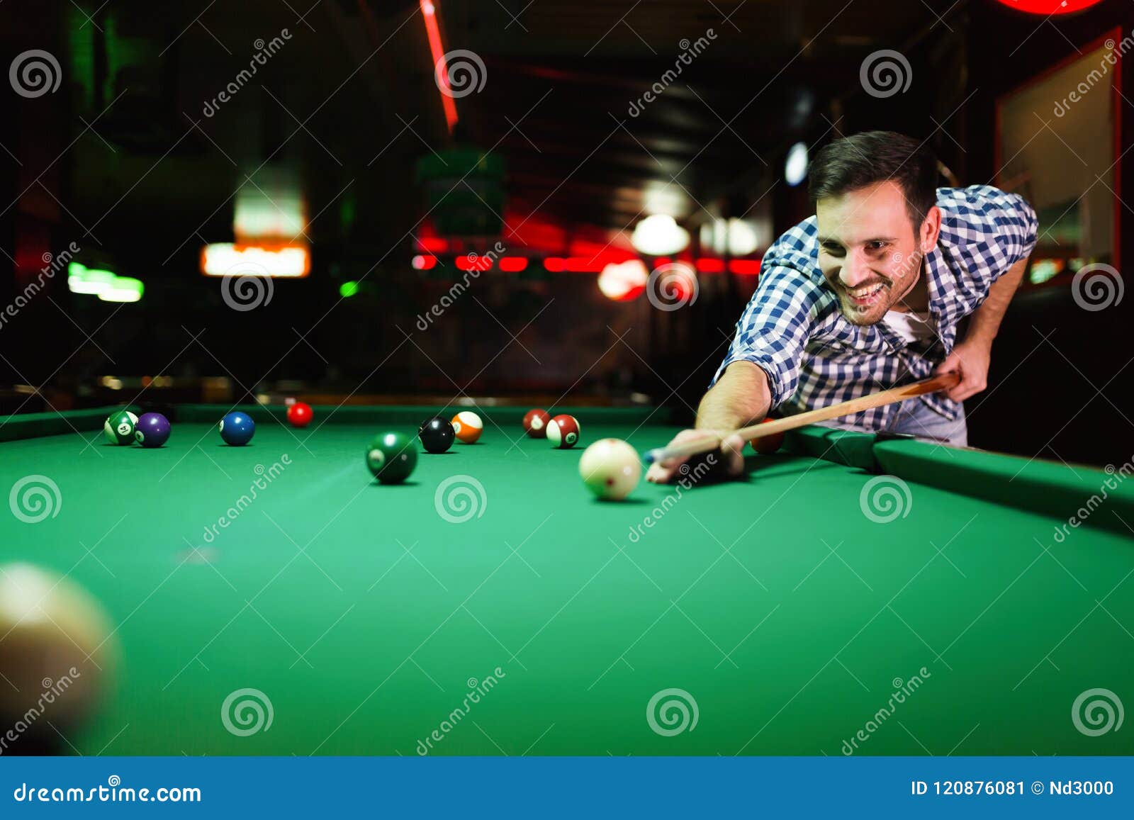 Young Attractive Man Playing Pool in Bar Stock Image - Image of aiming ...