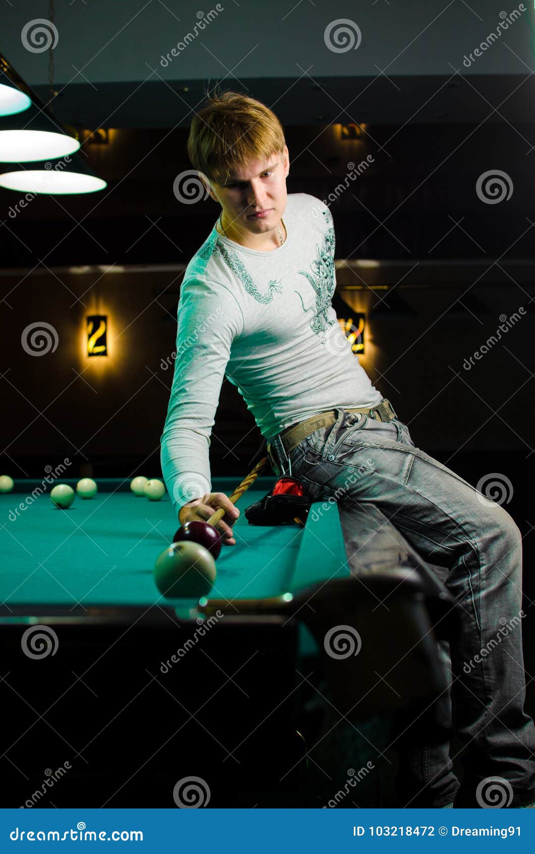 The Young Attractive Man Plays Billiards Stock Photo - Image of ...