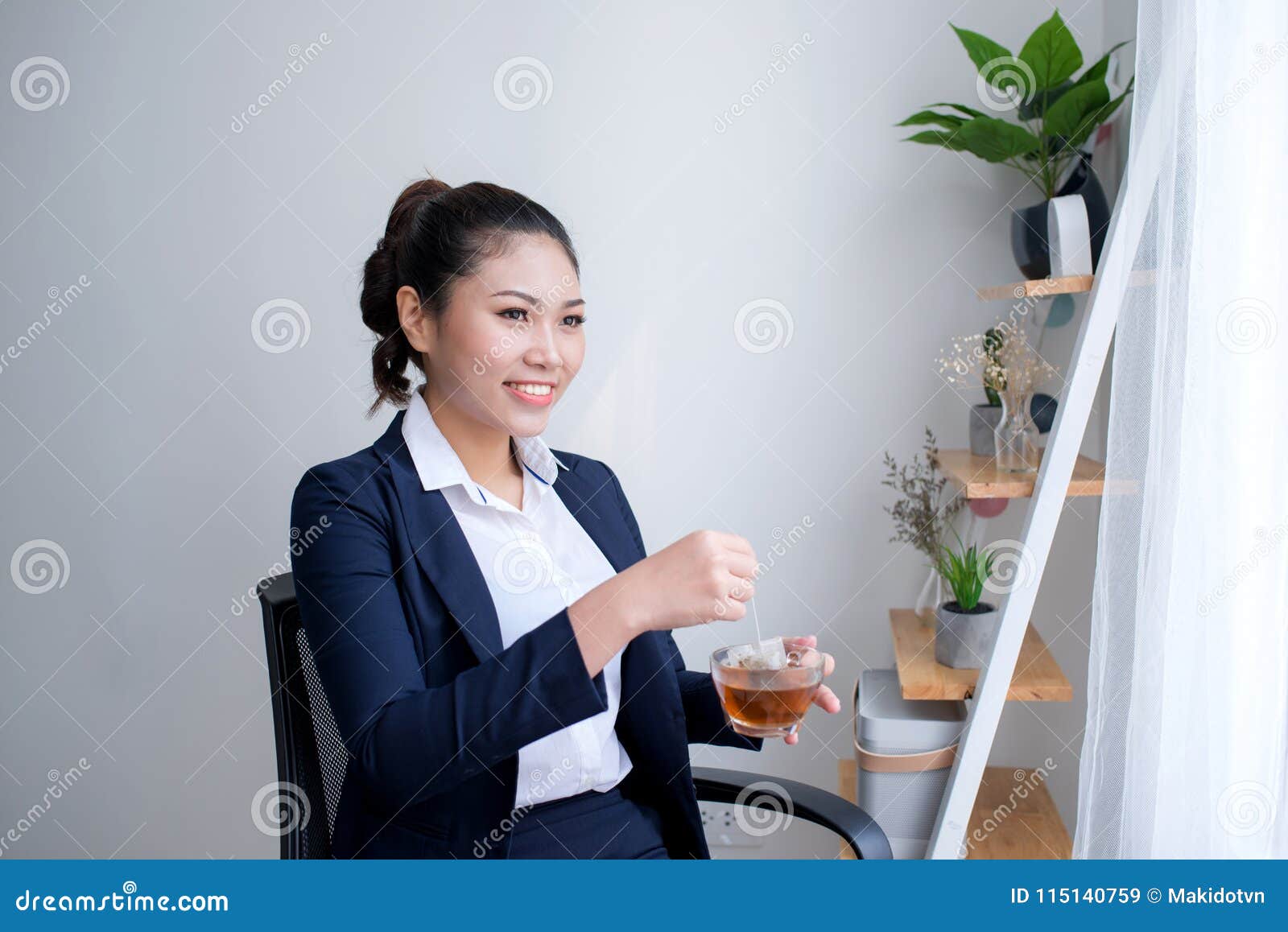 Young Attractive Office Worker Drinking Cup of Tea, Having Coffee Break ...