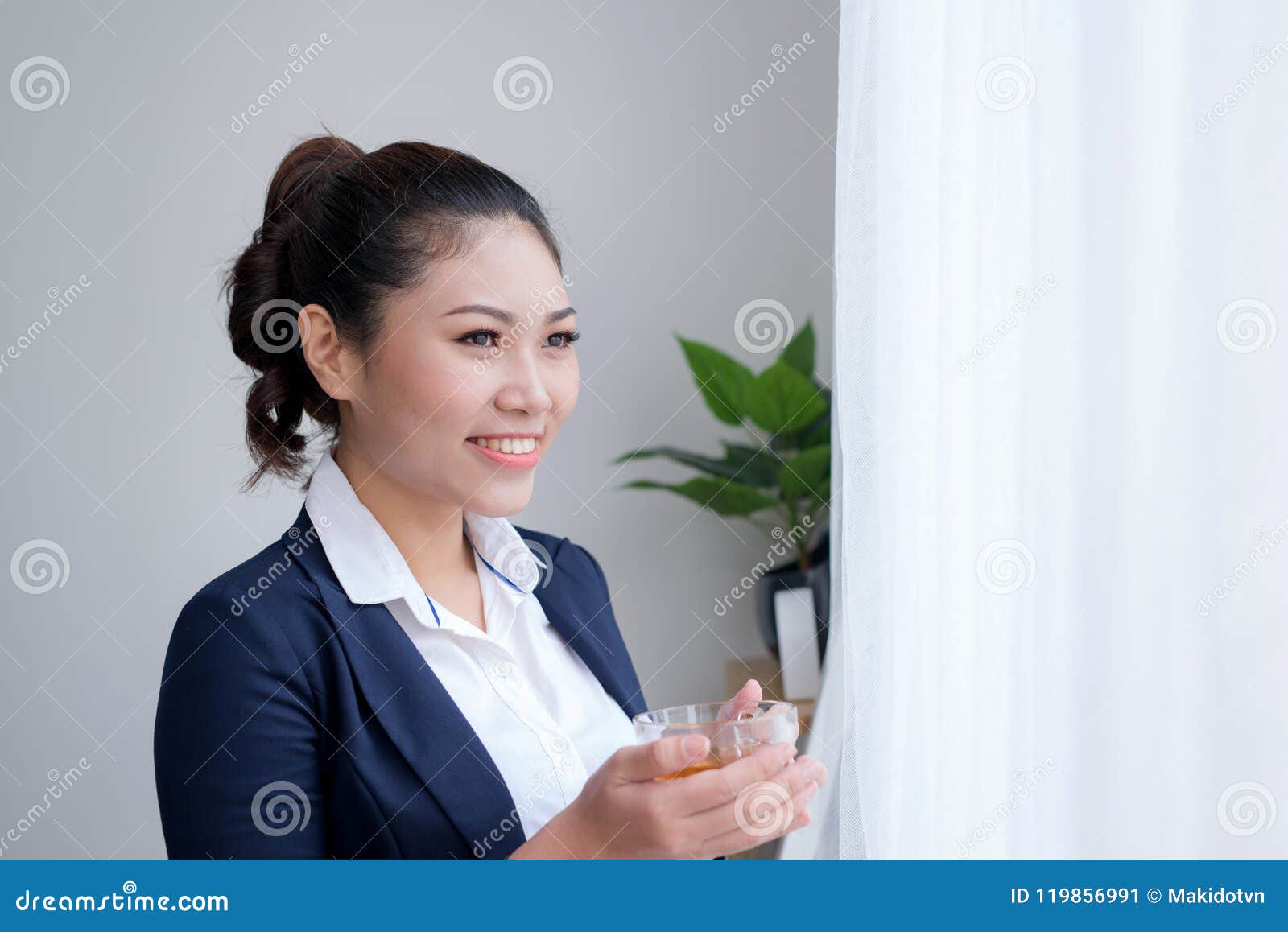 Young Attractive Office Worker Drinking Cup of Tea, Having Coffee Break ...