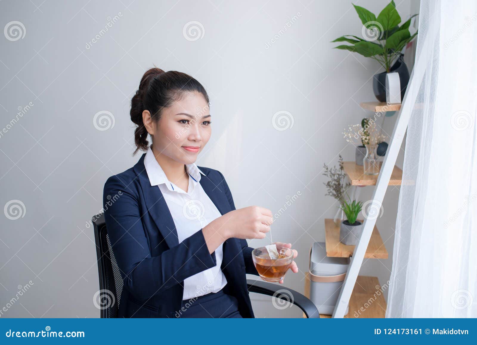 Young Attractive Office Worker Drinking Cup of Tea, Having Coffee Break ...