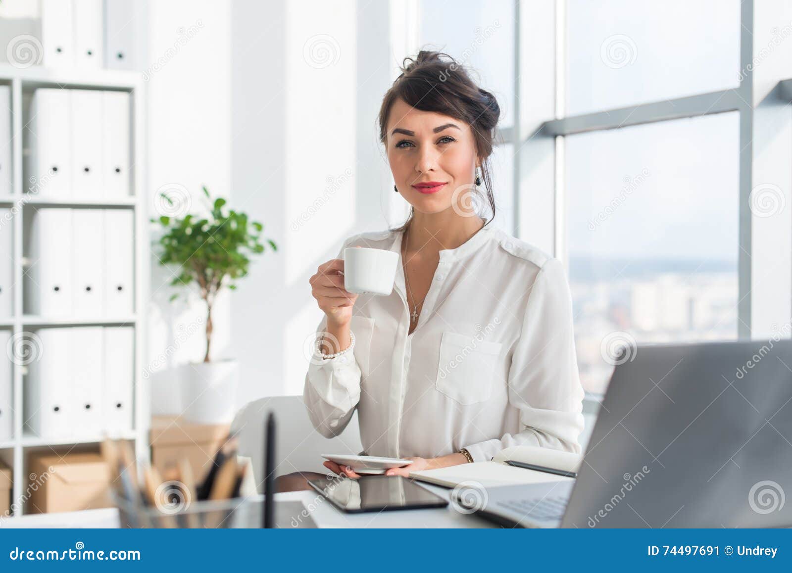 Young Attractive Office Worker Drinking Cup of Tea, Having Coffee Break ...
