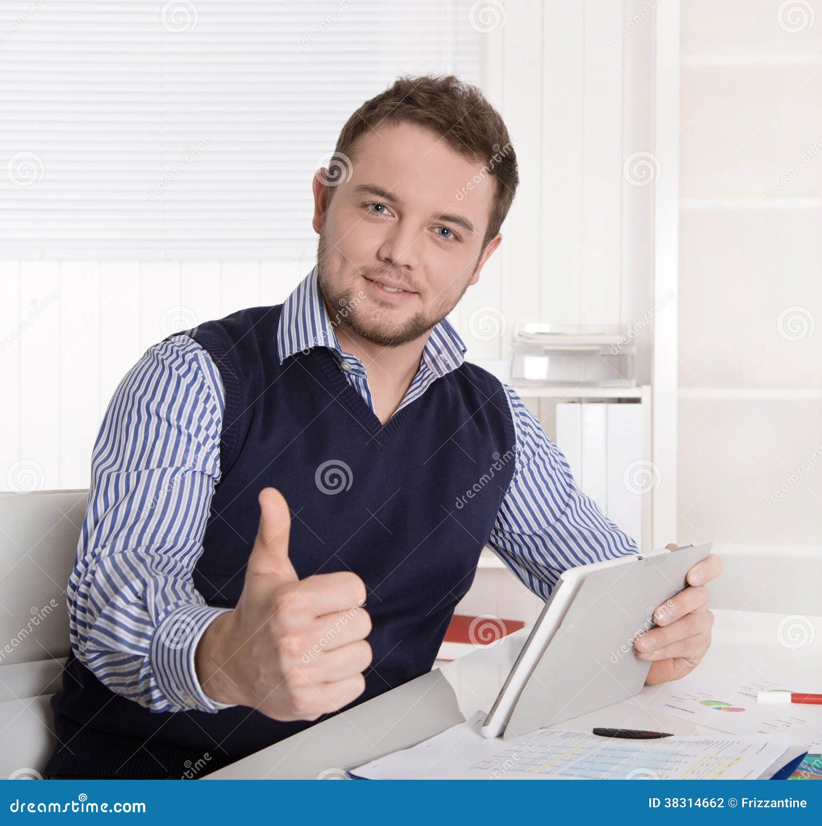 Young Attractive Successful Manager with Thumb Up at Office. Stock ...
