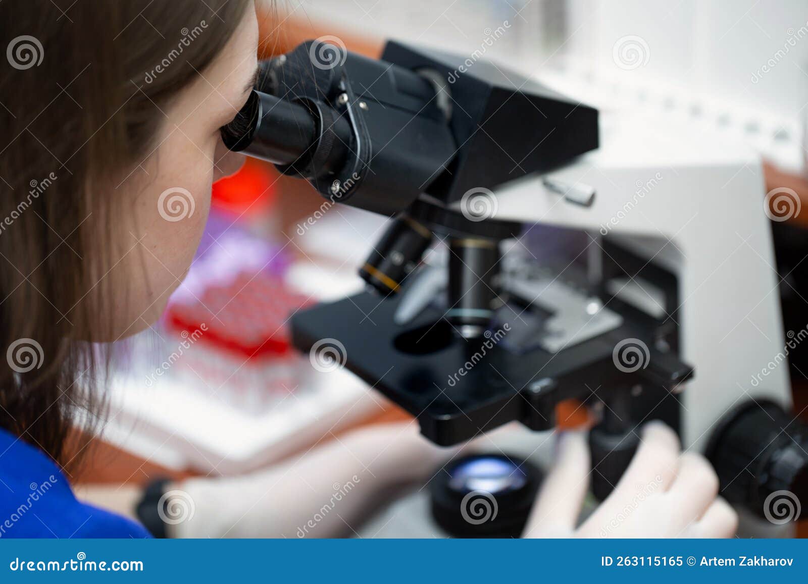 Young Attractive Veterinary Worker in Gloves Using Microscope for ...