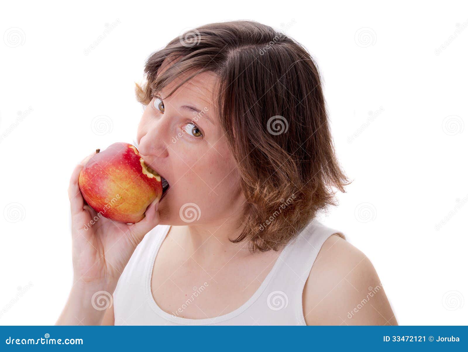 Young Attractive Woman is Biting Red Apple Stock Image - Image of ...