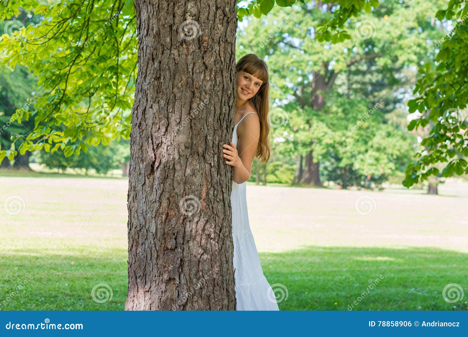 Young Attractive Woman Hiding Behind a Tree Stock Photo - Image of ...