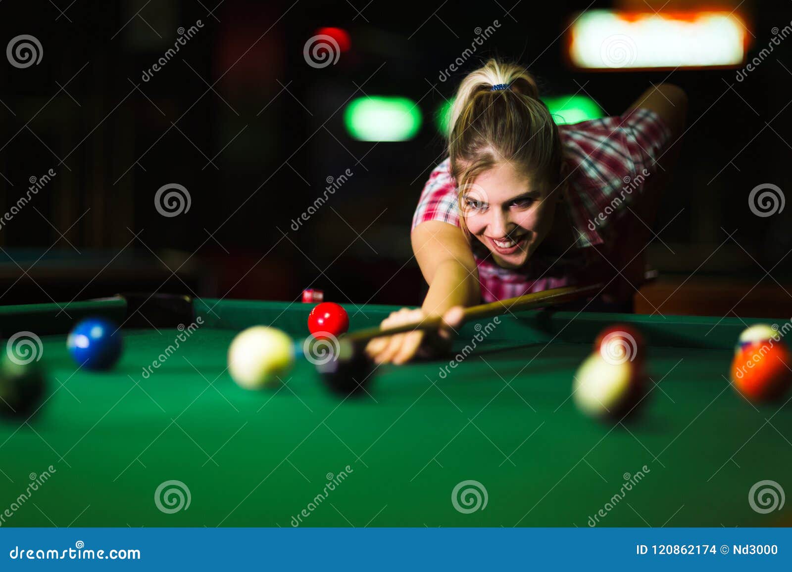 Young Attractive Woman Playing Pool in Bar Stock Photo - Image of ...
