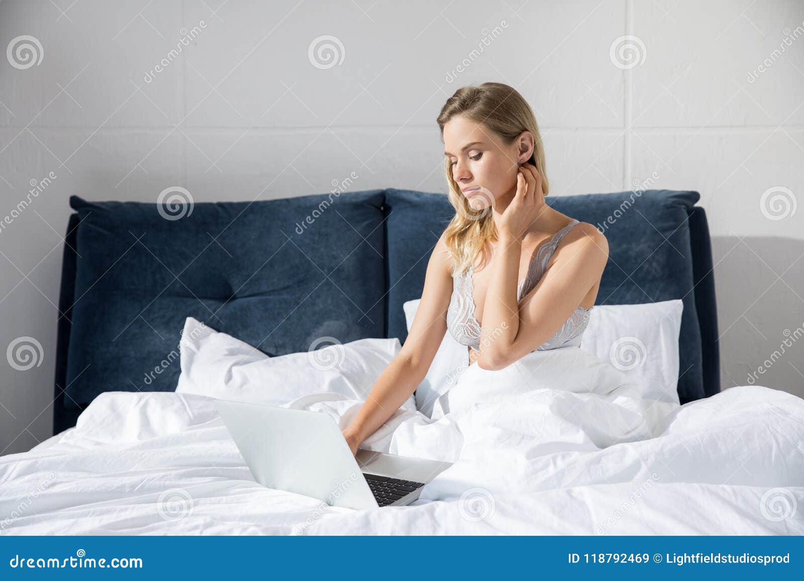 Young Attractive Woman Using Laptop Computer in Bed Stock Image - Image ...