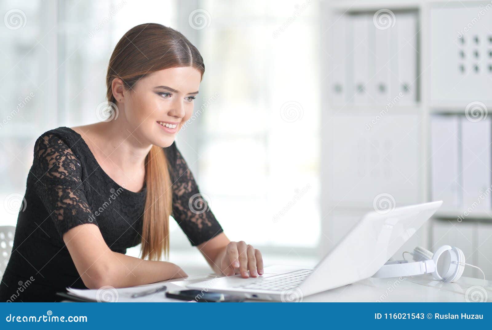 Young Attractive Woman Working Stock Image - Image of computer, phone ...