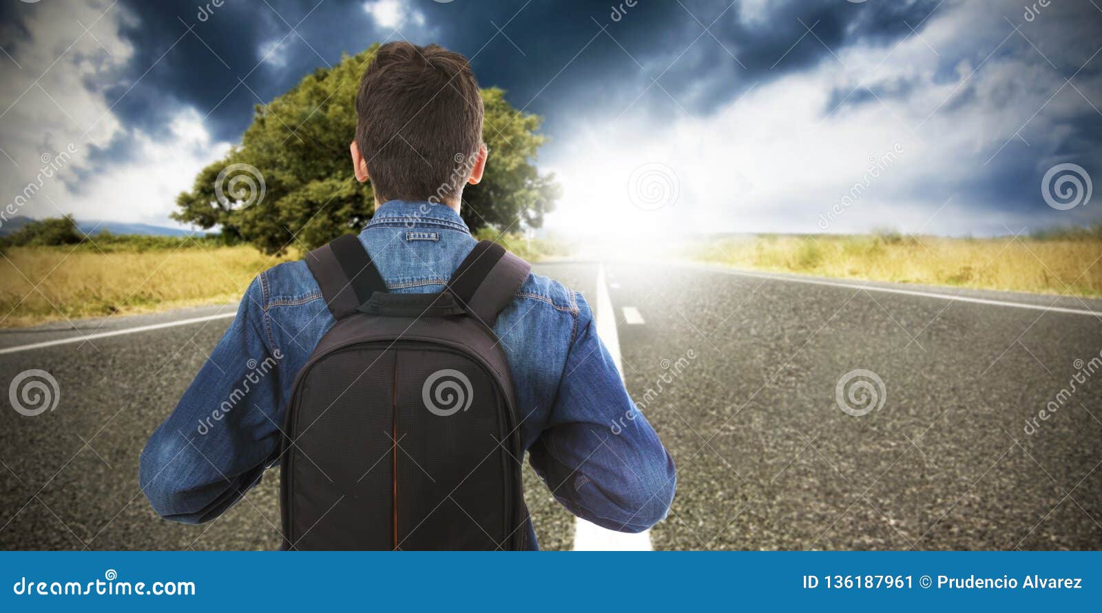 Young with Backpack on the Road Stock Image - Image of luggage, back ...