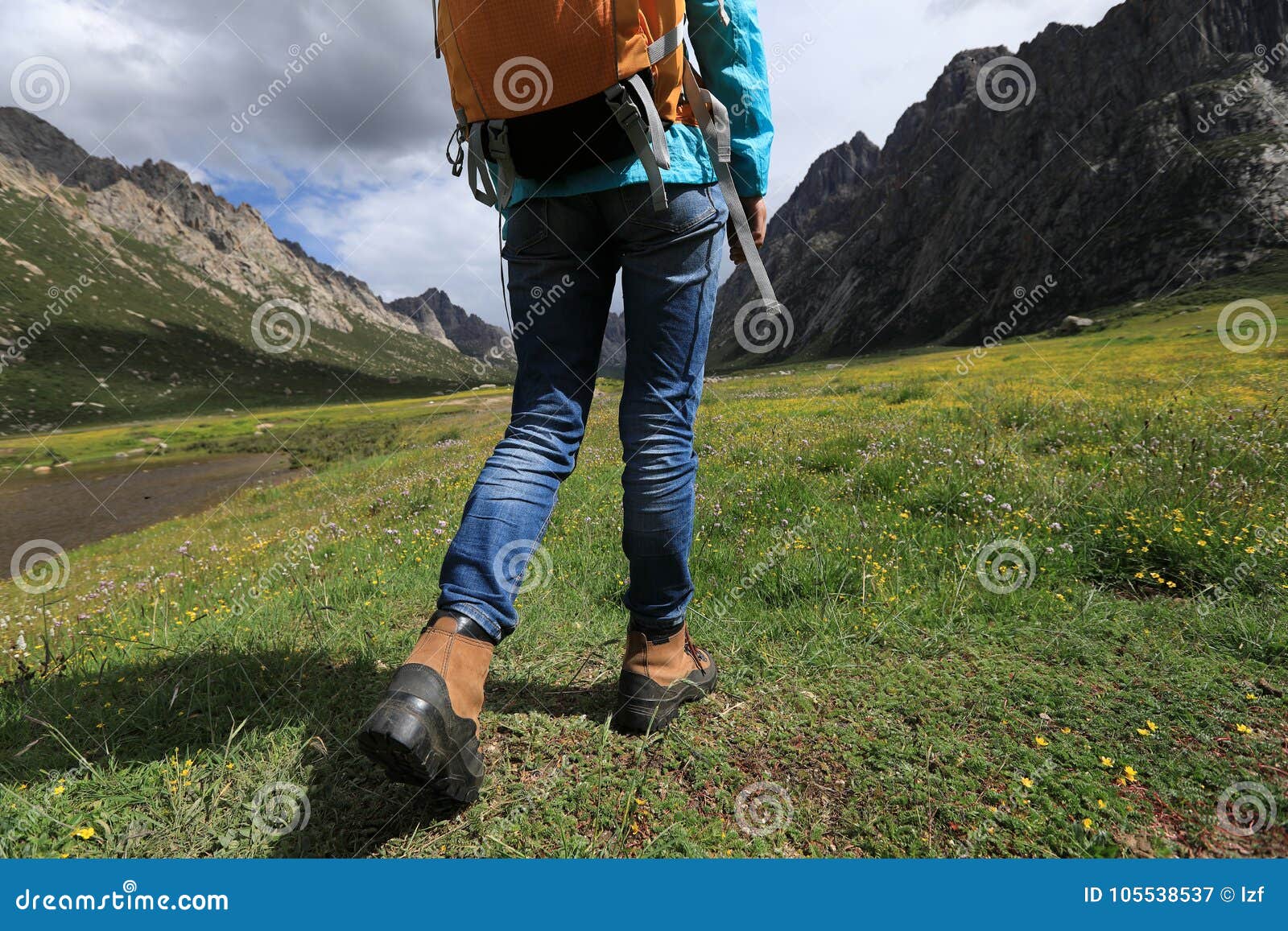 Backpacking Woman Hiking in Mountains Stock Image - Image of lake ...