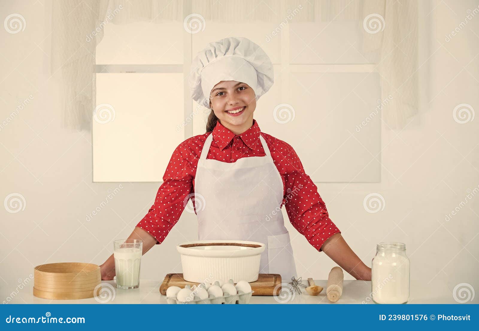 Young Baker Girl in Chef Uniform, Baking Stock Photo - Image of ...