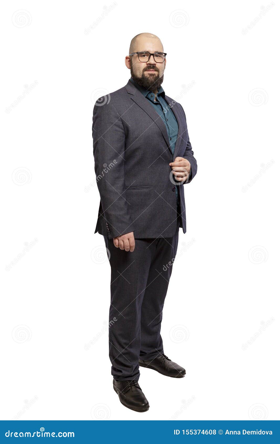 Young Bald Bearded Man With Glasses And A Full Length Suit Isolated
