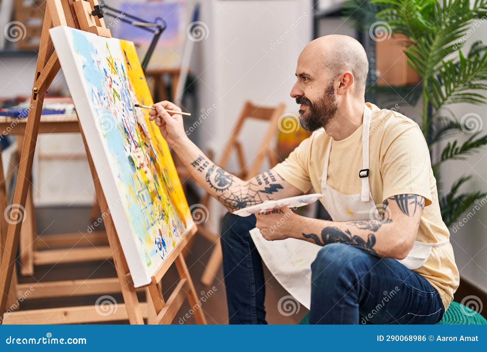 Young Bald Man Artist Smiling Confident Drawing at Art Studio Stock ...
