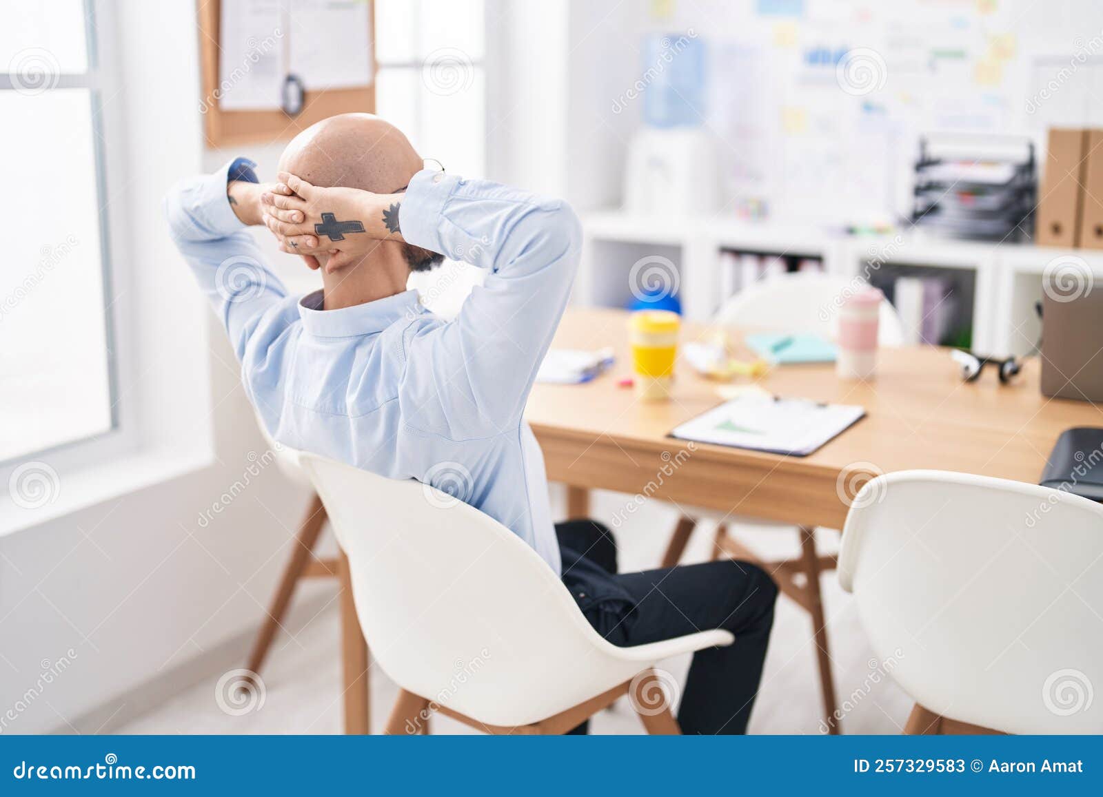 Young Bald Man Business Worker Relaxed with Hands on Head at Office ...