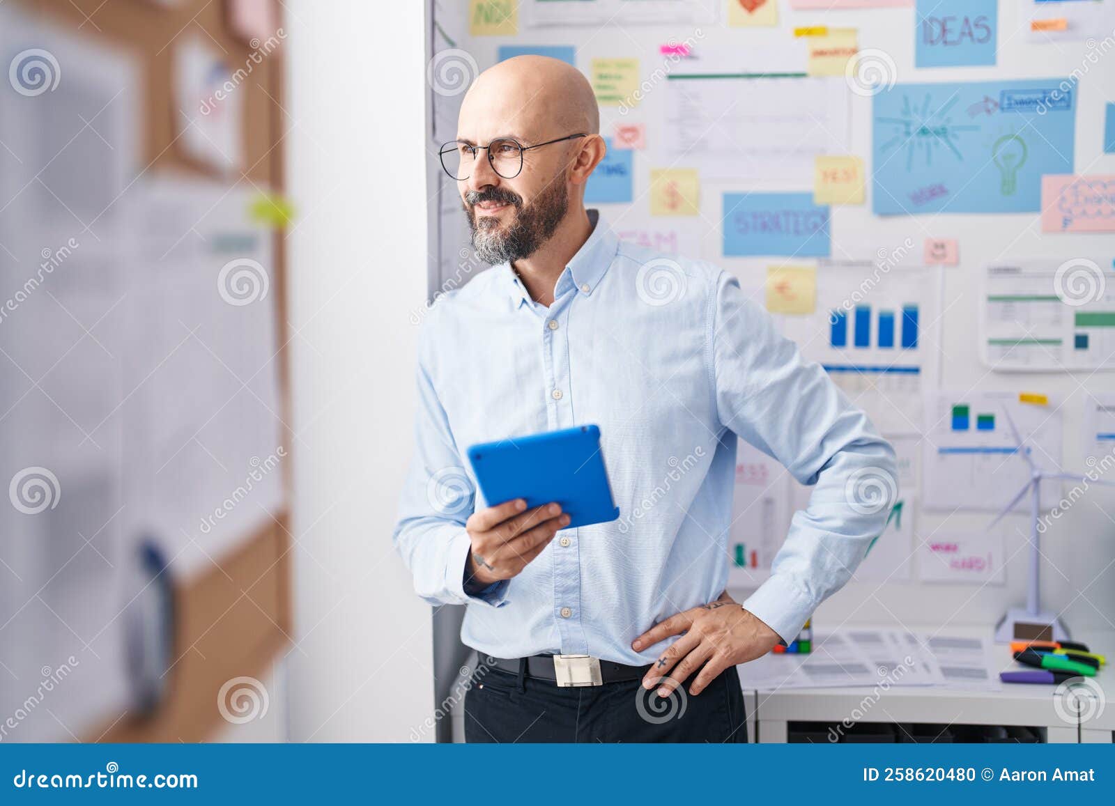 Young Bald Man Business Worker Smiling Confident Using Touchpad at ...