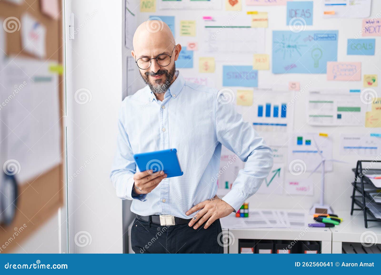 Young Bald Man Business Worker Smiling Confident Using Touchpad at ...