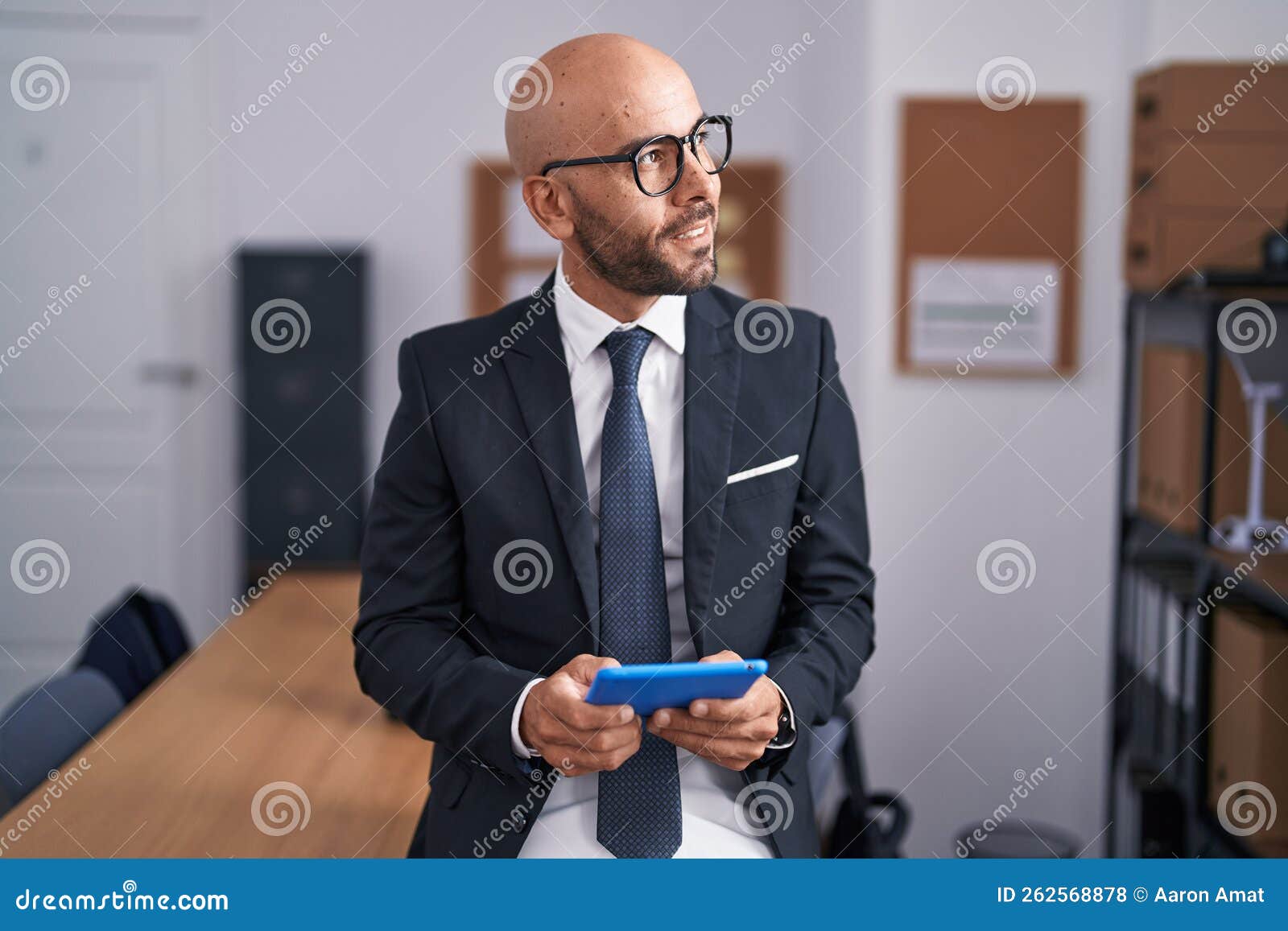 Young Bald Man Business Worker Smiling Confident Using Touchpad at ...