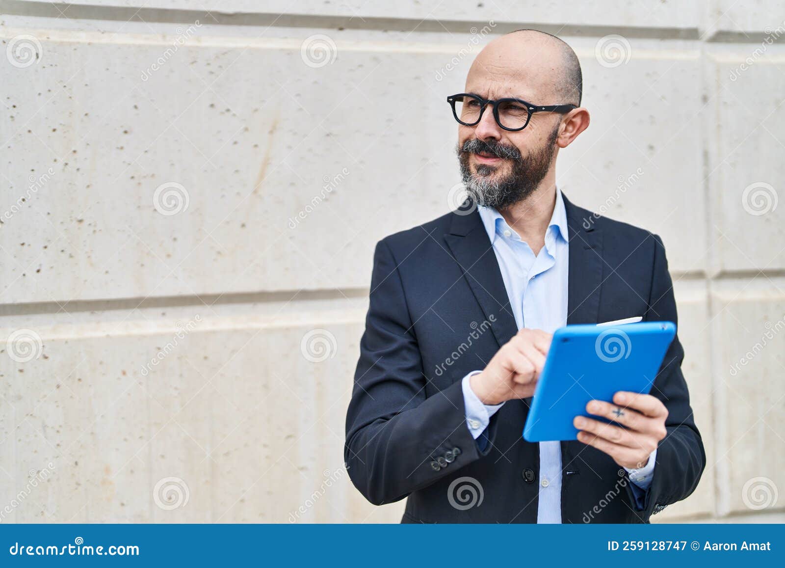 Young Bald Man Business Worker Smiling Confident Using Touchpad at ...