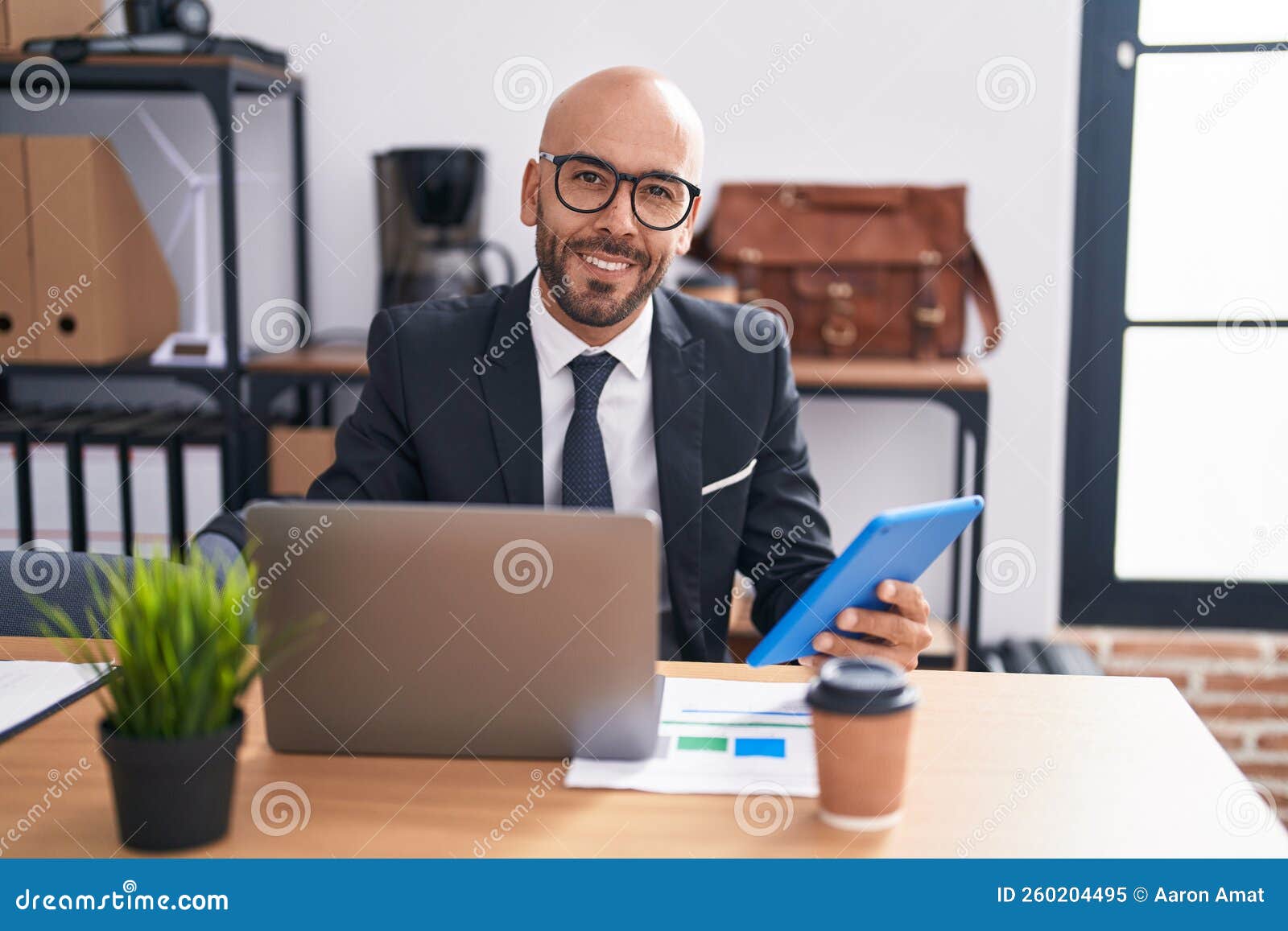 Young Bald Man Business Worker Using Touchpad and Laptop at Office ...