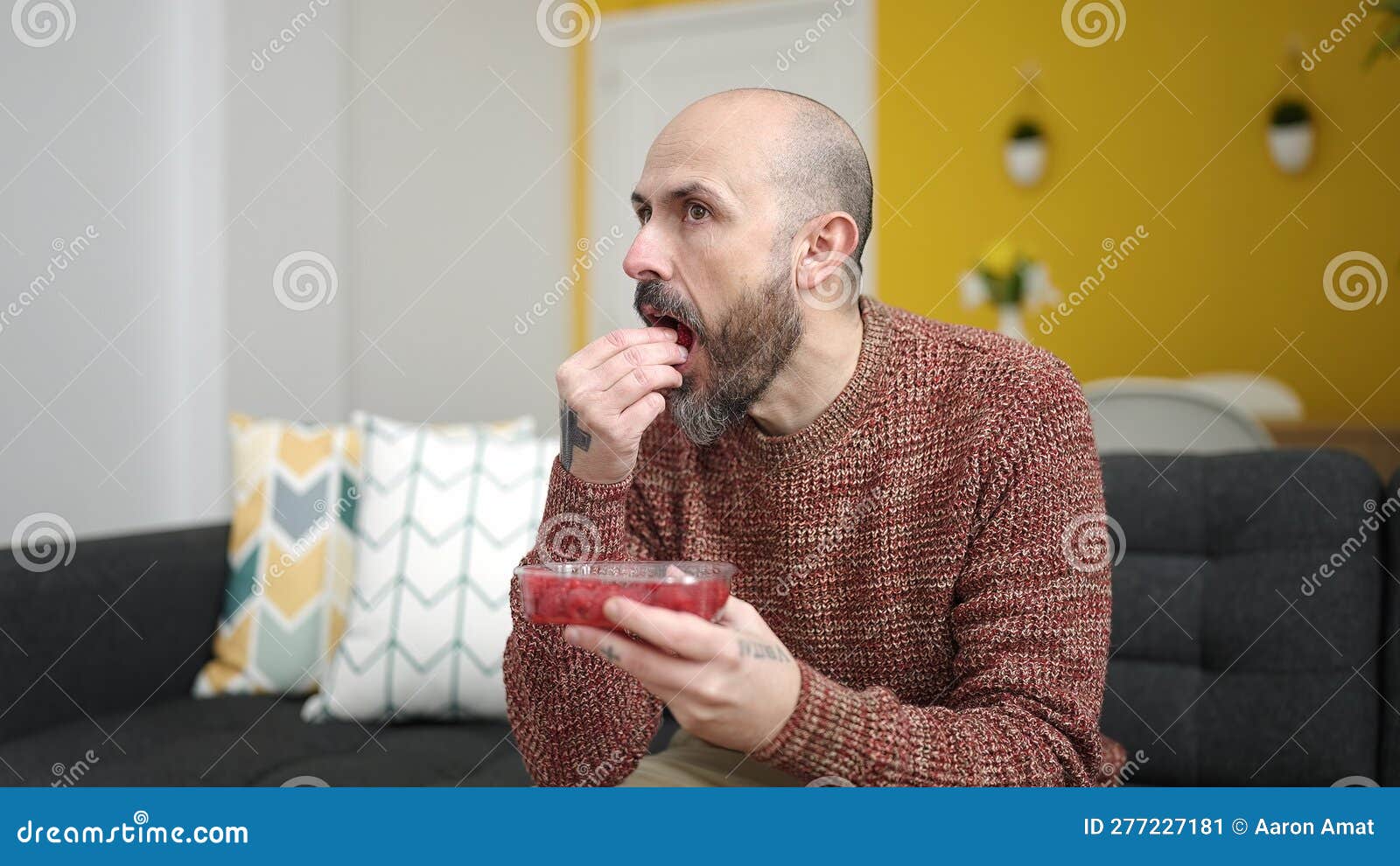 Young Bald Man Eating Raspberries Sitting on Sofa at Home Stock Image ...