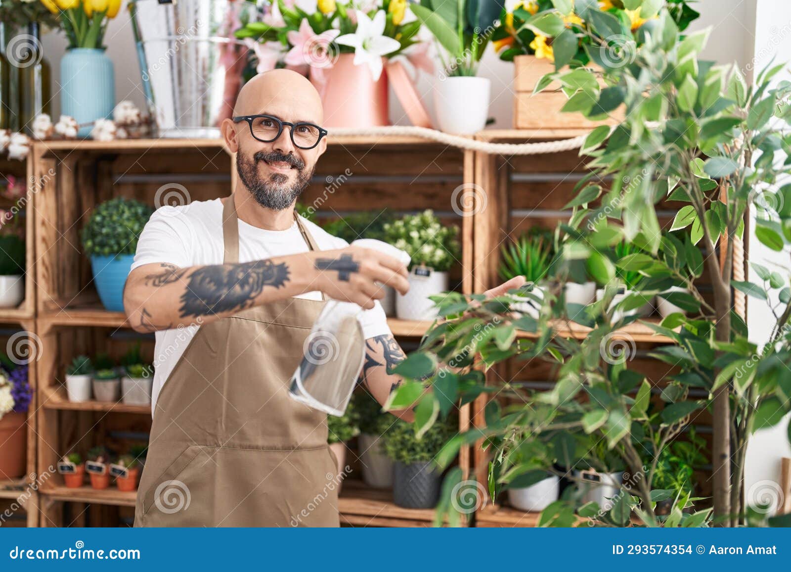 Young Bald Man Florist Using Diffuser Working at Florist Stock Photo ...