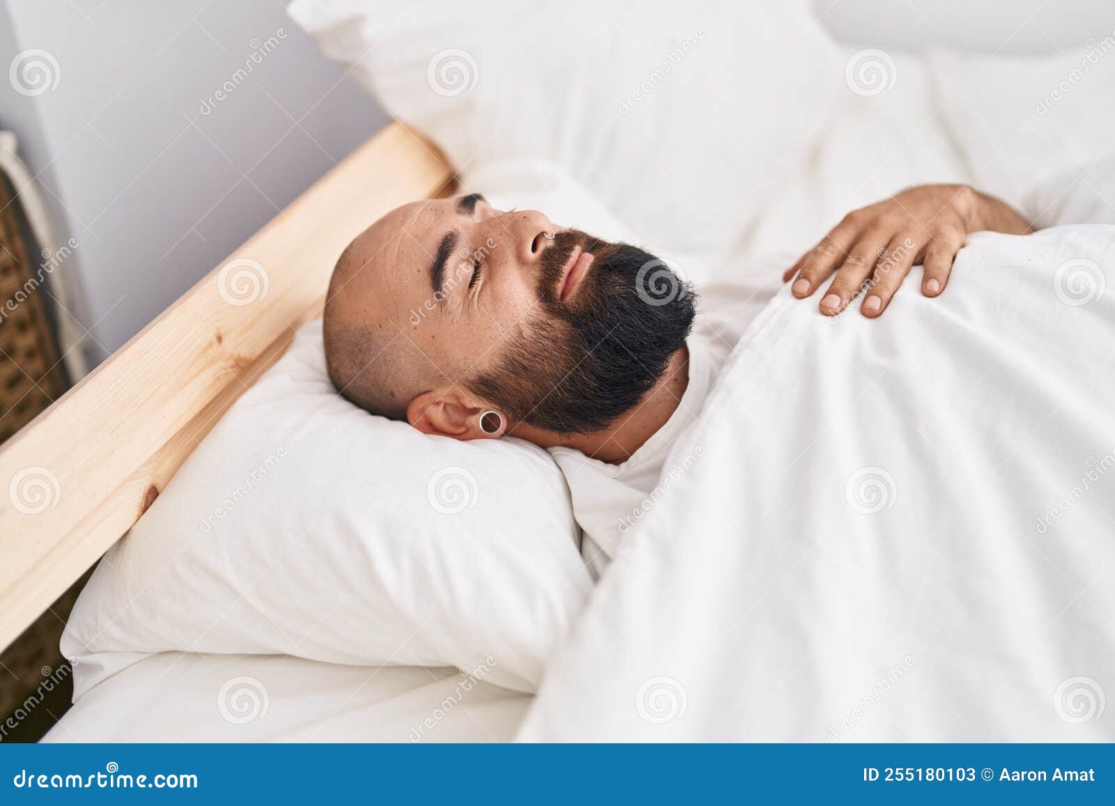 Young Bald Man Lying on Bed Sleeping at Bedroom Stock Image - Image of ...