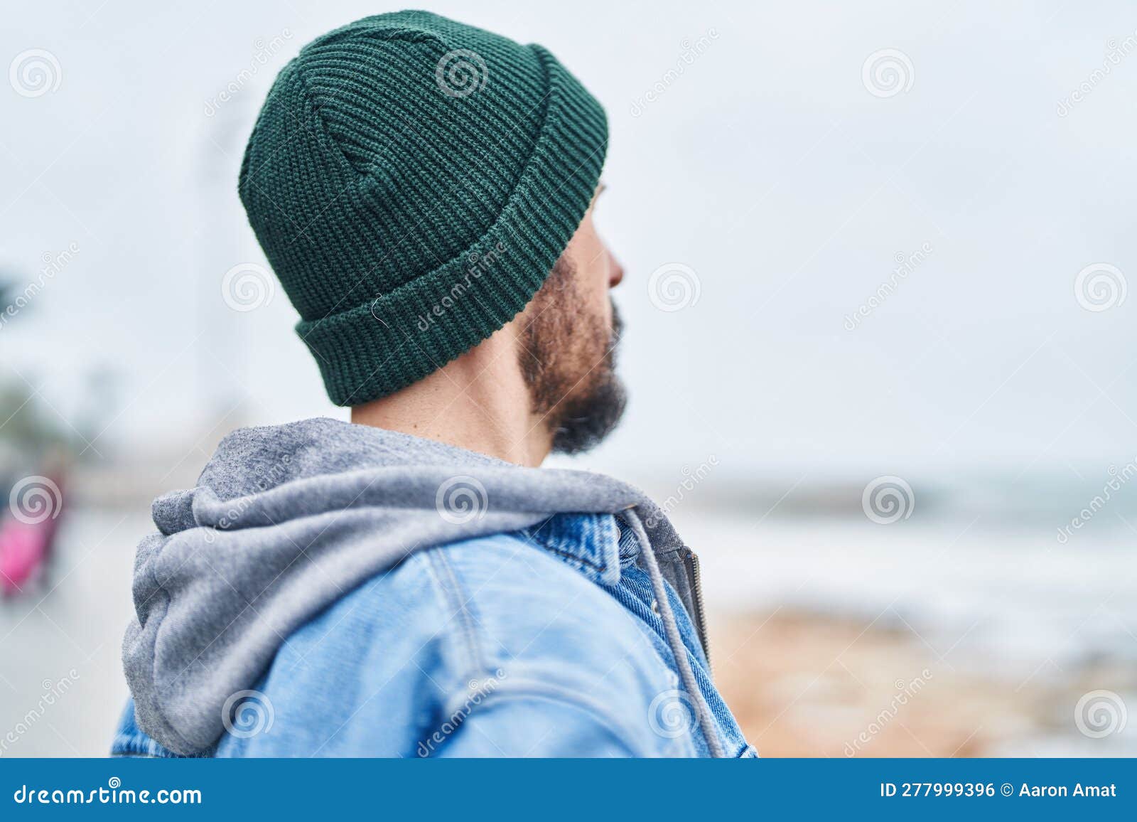 Young Bald Man Standing on Back View at Seaside Stock Photo - Image of ...