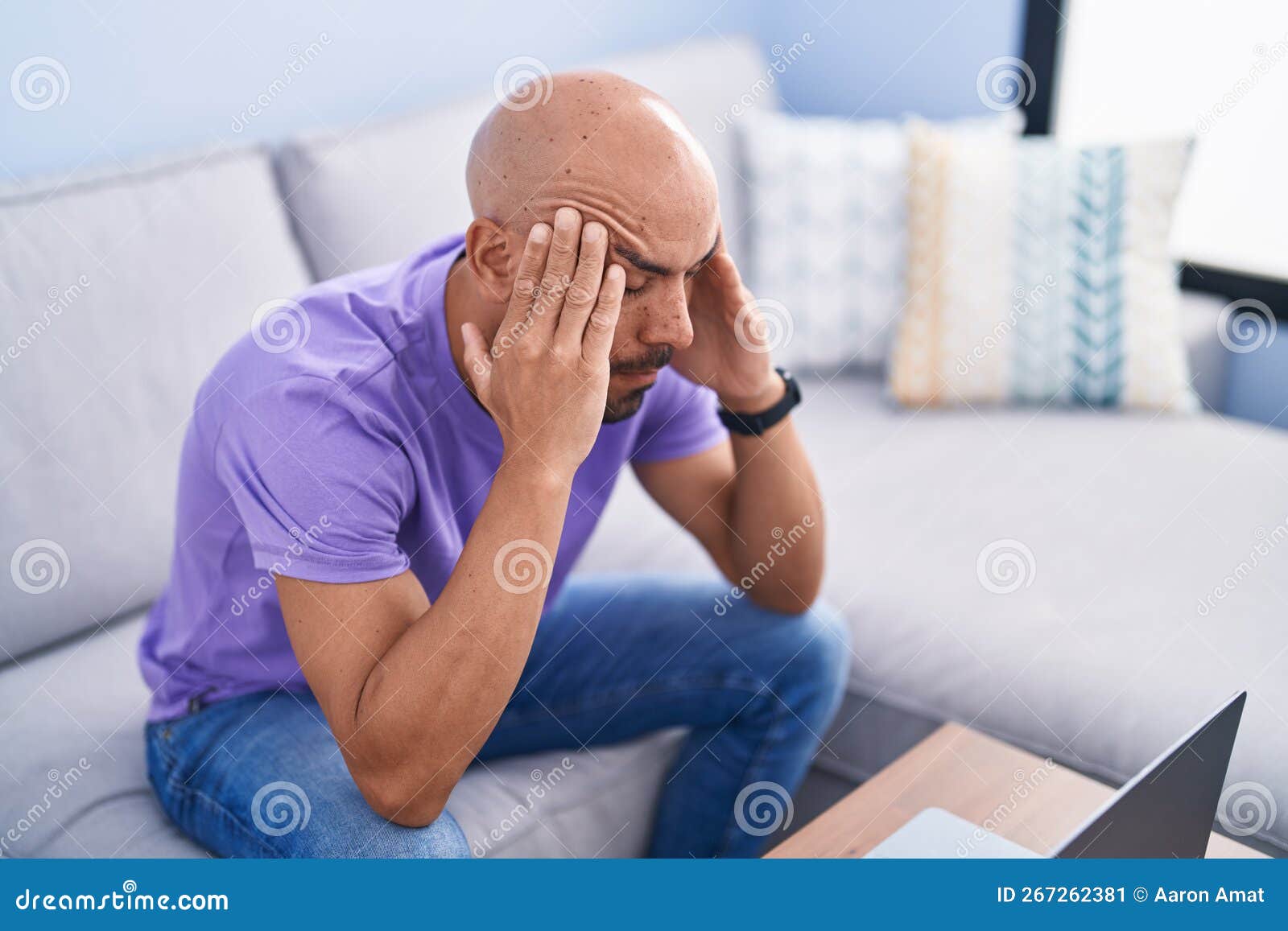 Young Bald Man Stressed Sitting on Sofa at Home Stock Image - Image of ...
