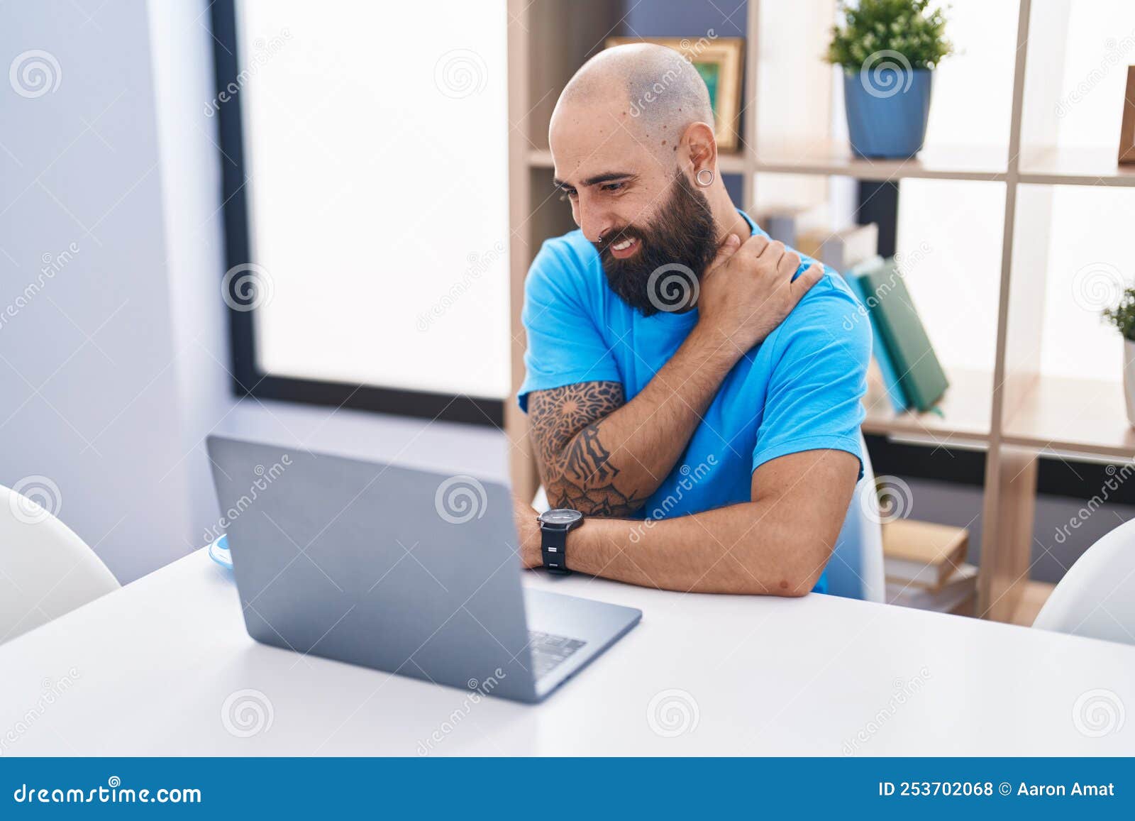 Young Bald Man Using Laptop Drinking Coffee at Home Stock Photo - Image ...