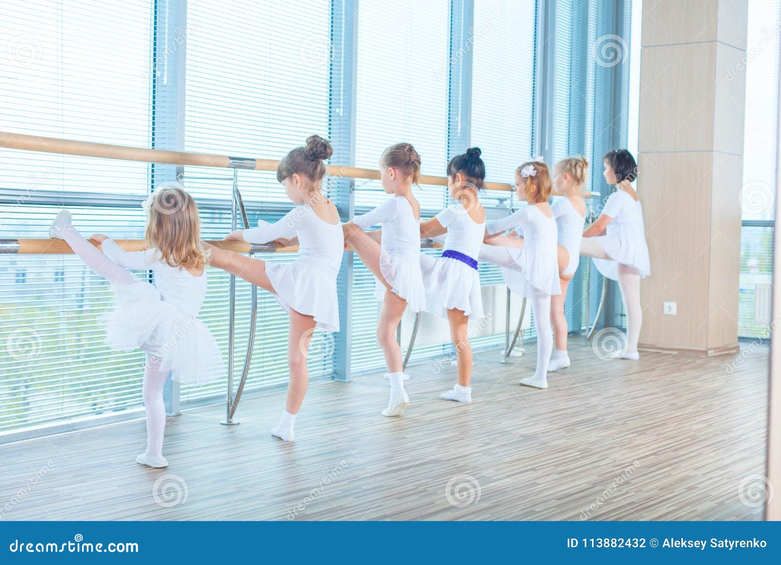 Young Ballerinas Rehearsing in the Ballet Class. they Perform Different ...