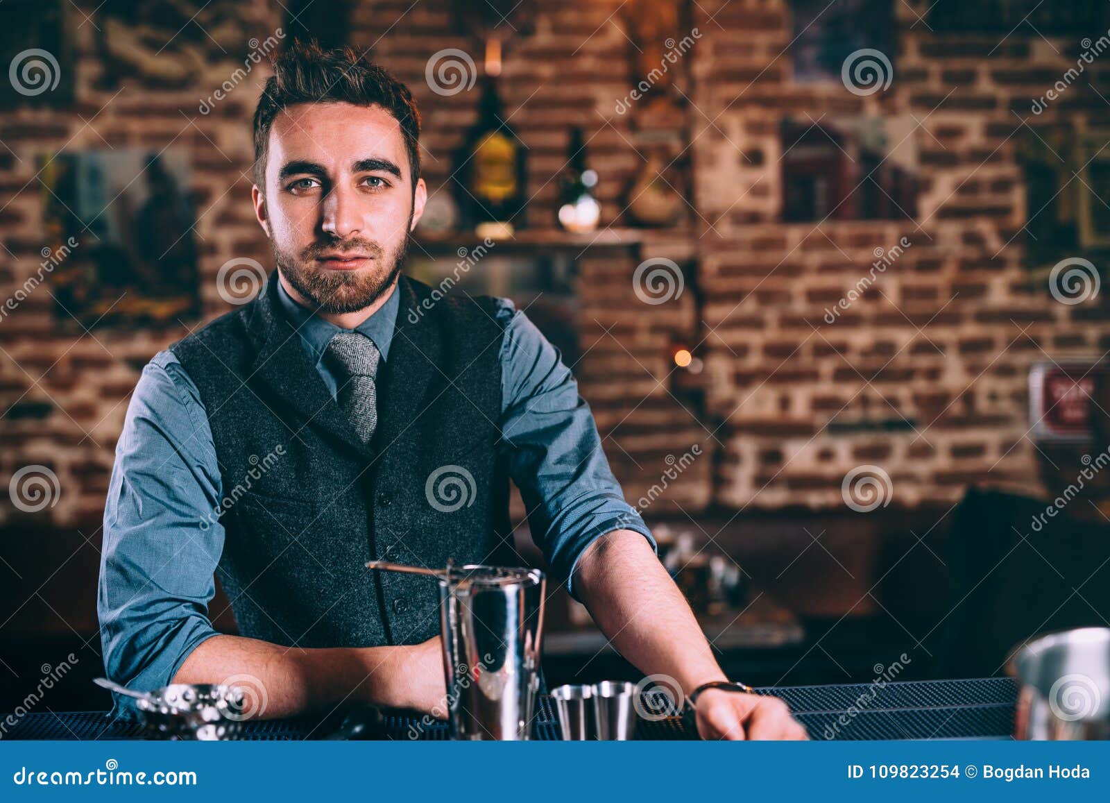 Barman Working at Bar, Pub or Bistro and Restaurant. Professional ...