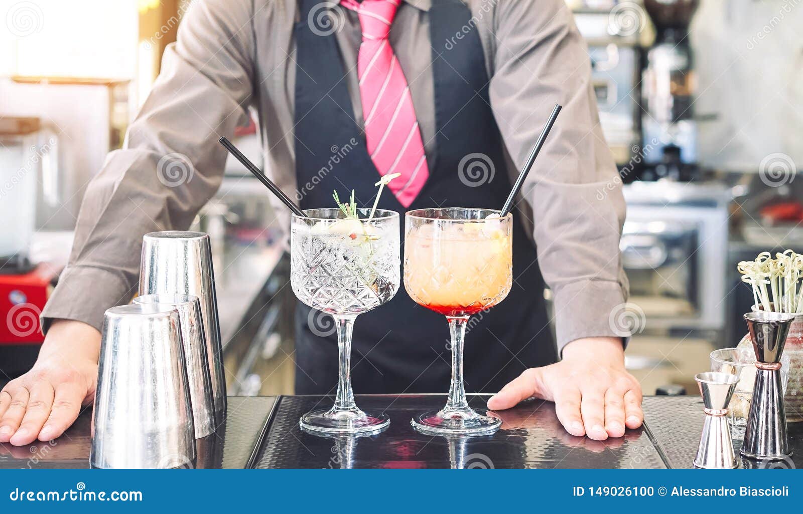 Young Bartender Making Cocktails at Bar Counter - Barman Serving Drinks ...