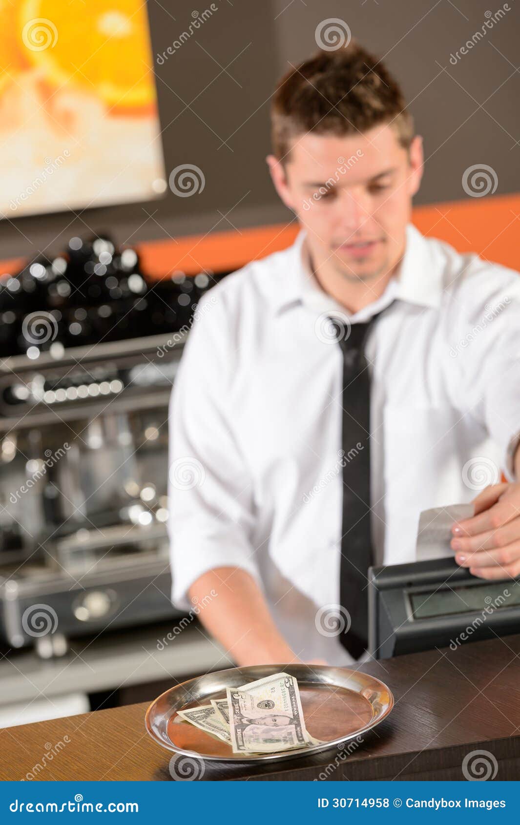 Young Bartender in Uniform Taking Cash Dollar Stock Photo - Image of ...