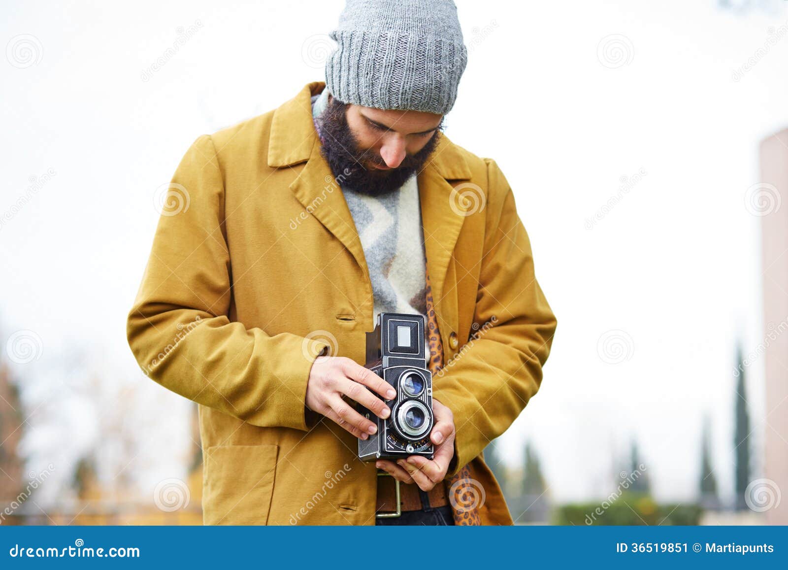 Young Bearded Hipster Taking Photo with TLR Camera Stock Image - Image ...