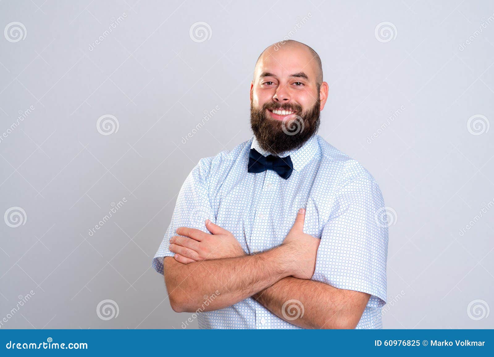 Young Bearded Man In Blue Shirt And Bow Tie Stock Image Image Of Gray