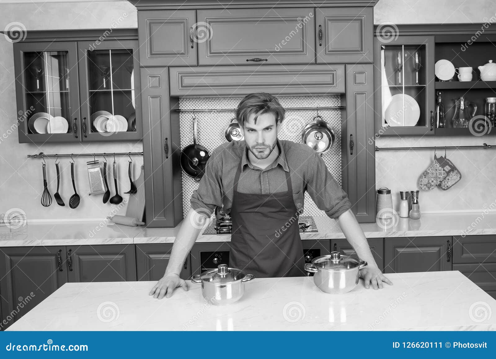 Young Bearded Man with Cooking Pots Stock Image - Image of handsome ...