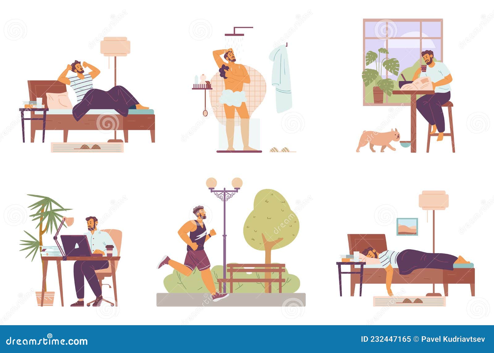 Young Bearded Man Does daily Routine Activities. Set of Vector Flat ...