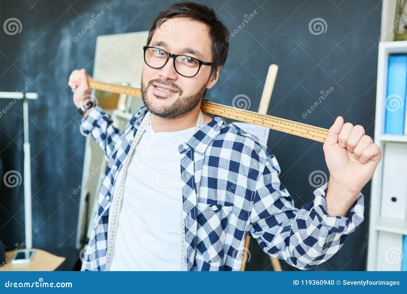 Smiling Tailor Standing with Ruler Stock Photo - Image of interior ...