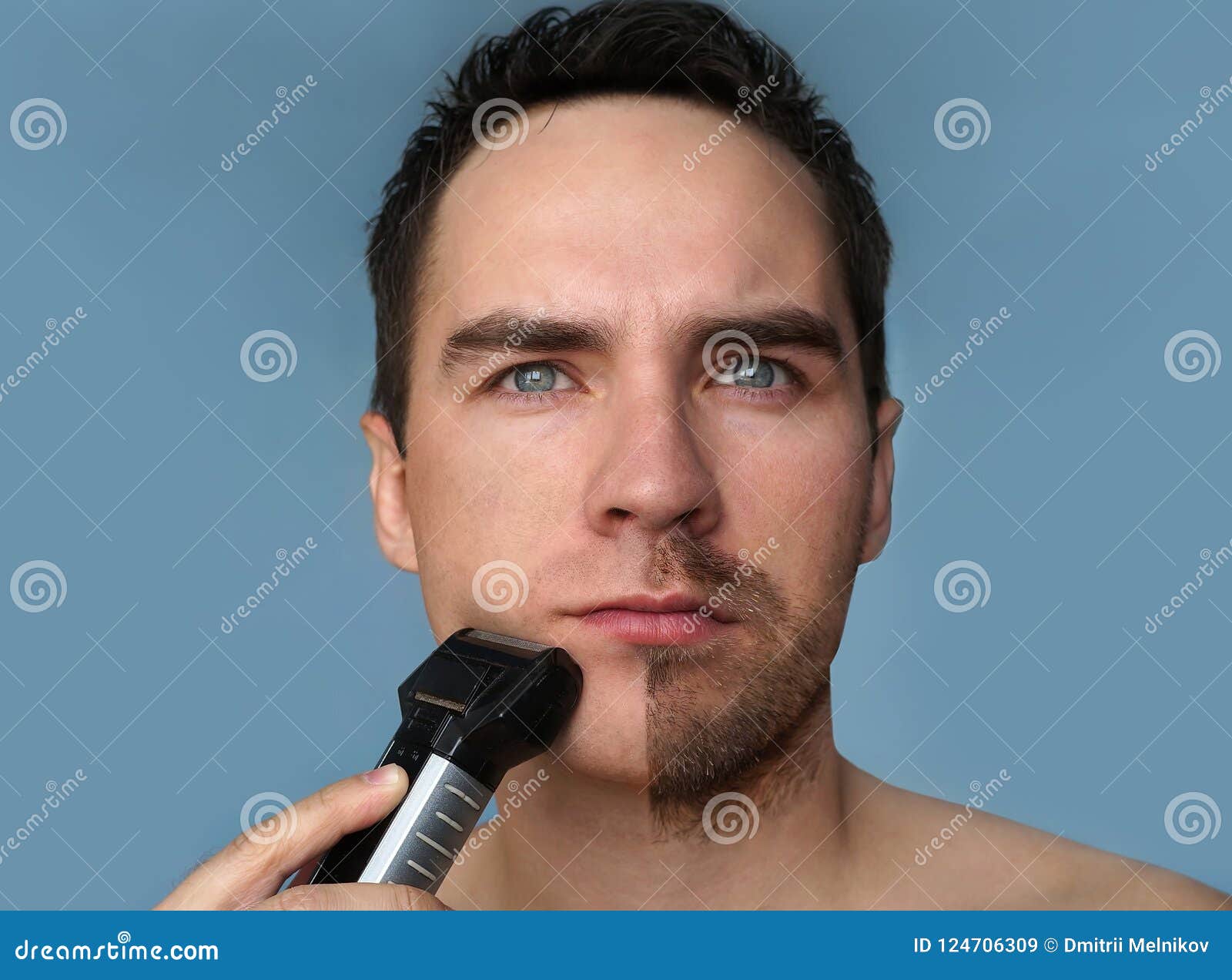 Young Bearded Man during Grooming of Beard Using Trimmer. Half Face ...