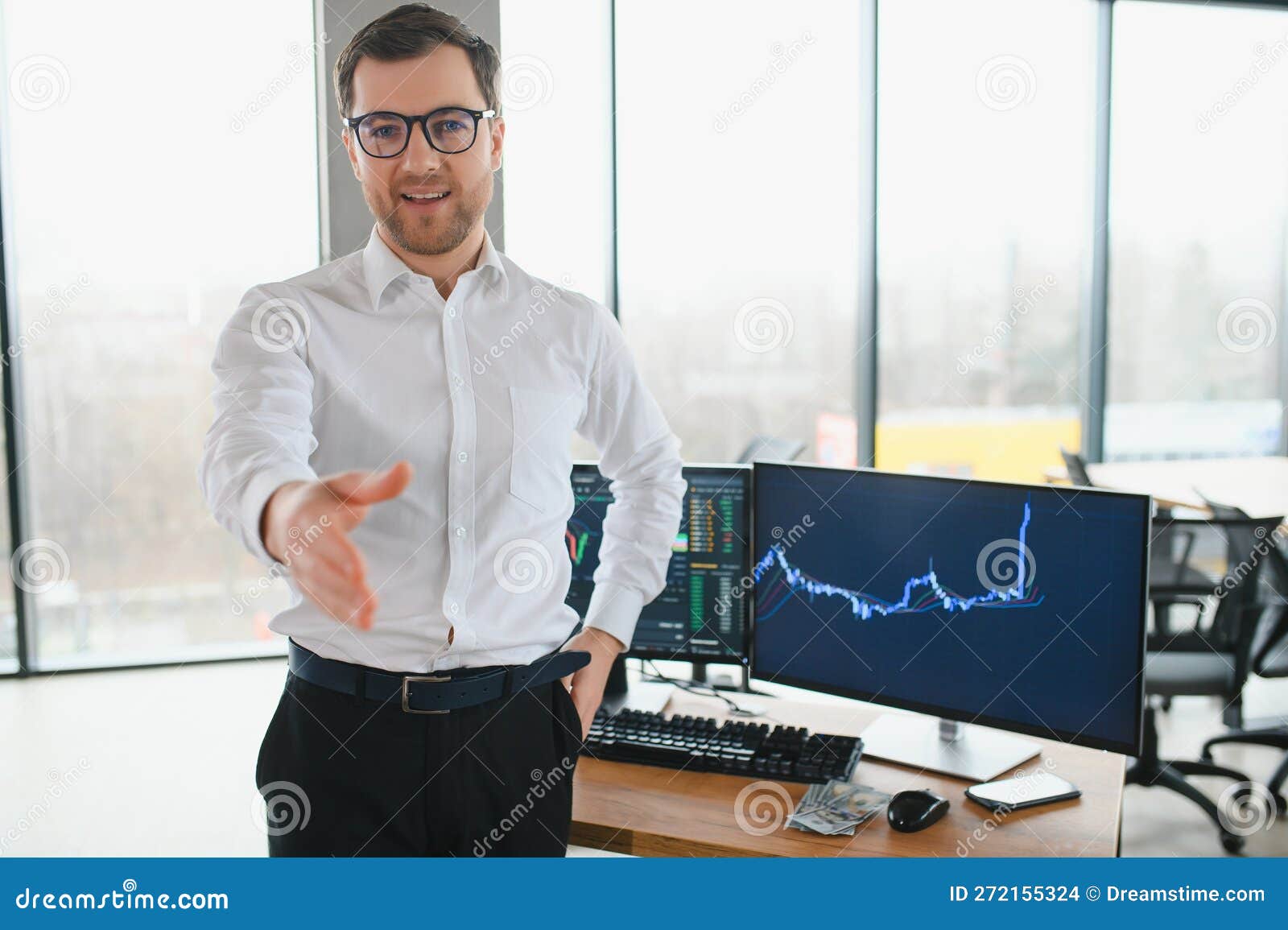 Young Bearded Man Trader at Office at Table Looking Camera Smiling ...