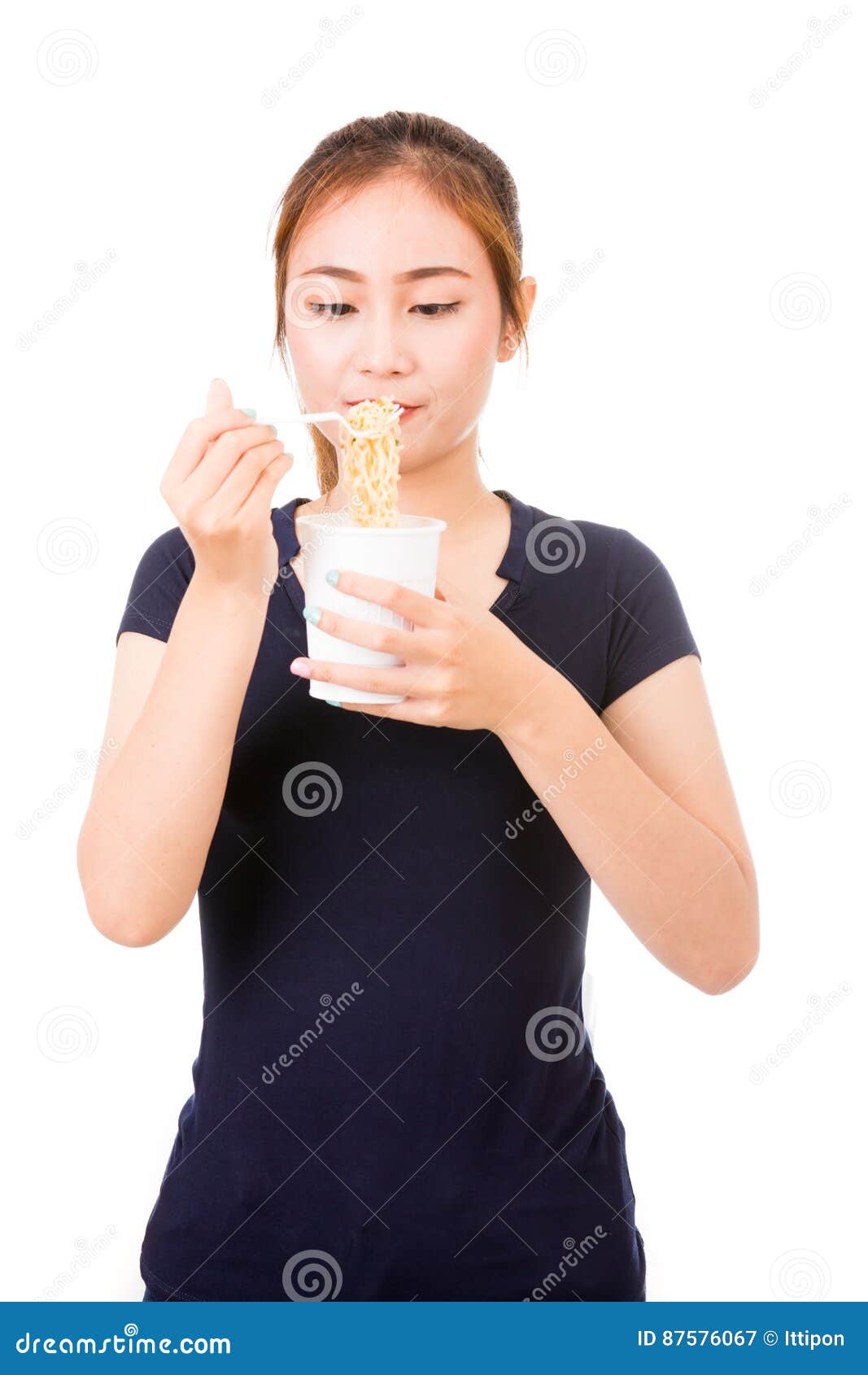 Young Beautiful Asian Girl Eating Instant Noodle Stock Image - Image of ...