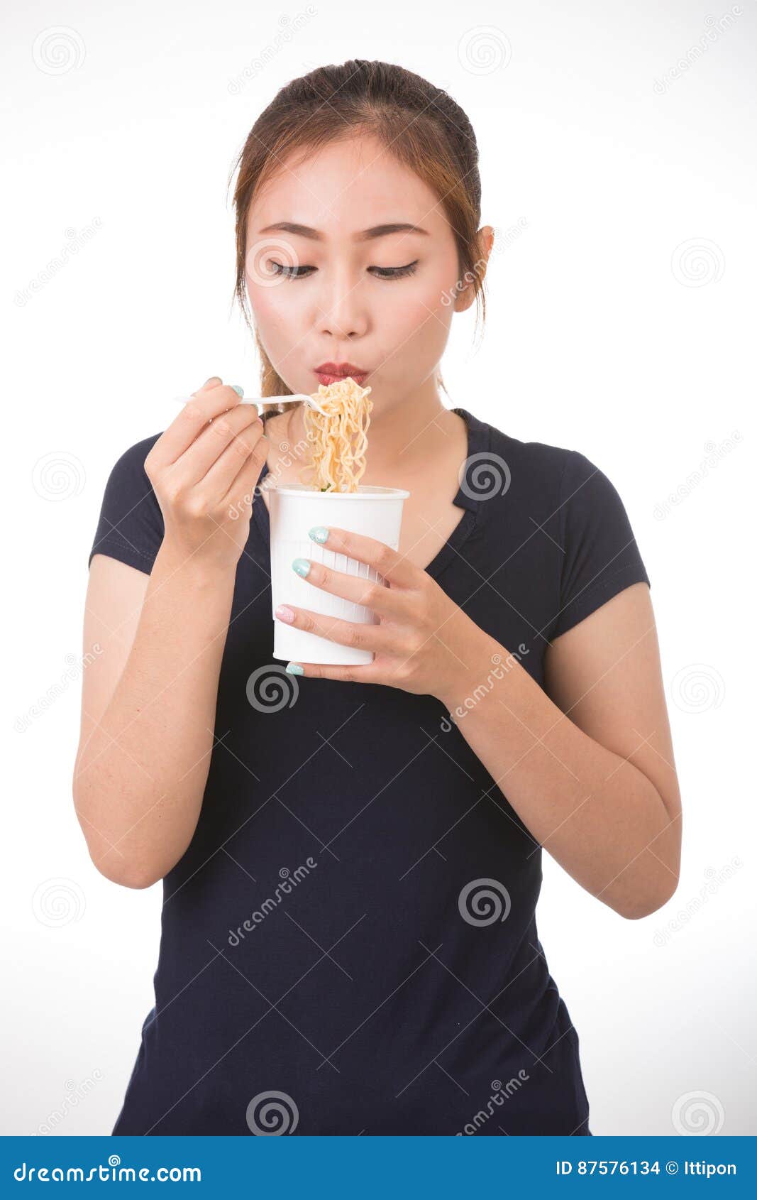 Young Beautiful Asian Girl Eating Instant Noodle Stock Photo - Image of ...