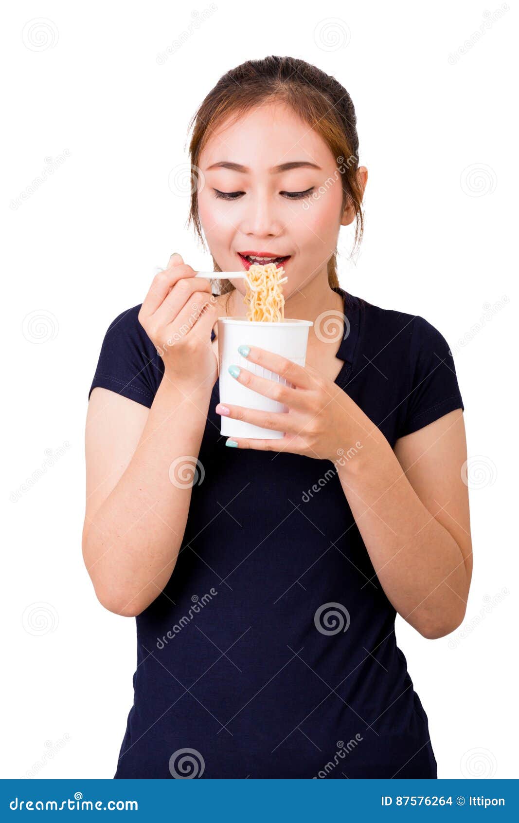 Young Beautiful Asian Girl Eating Instant Noodle Stock Photo - Image of ...
