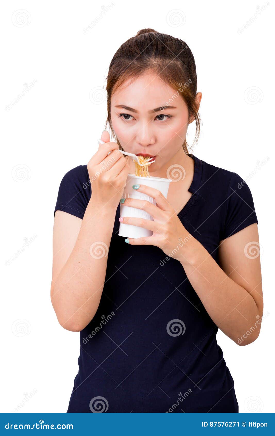 Young Beautiful Asian Girl Eating Instant Noodle Stock Image - Image of ...